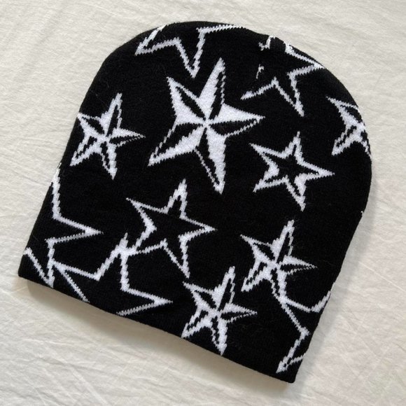 Accessories | Y2k 200s Grunge Punk Black And White Star Design Beanie ...